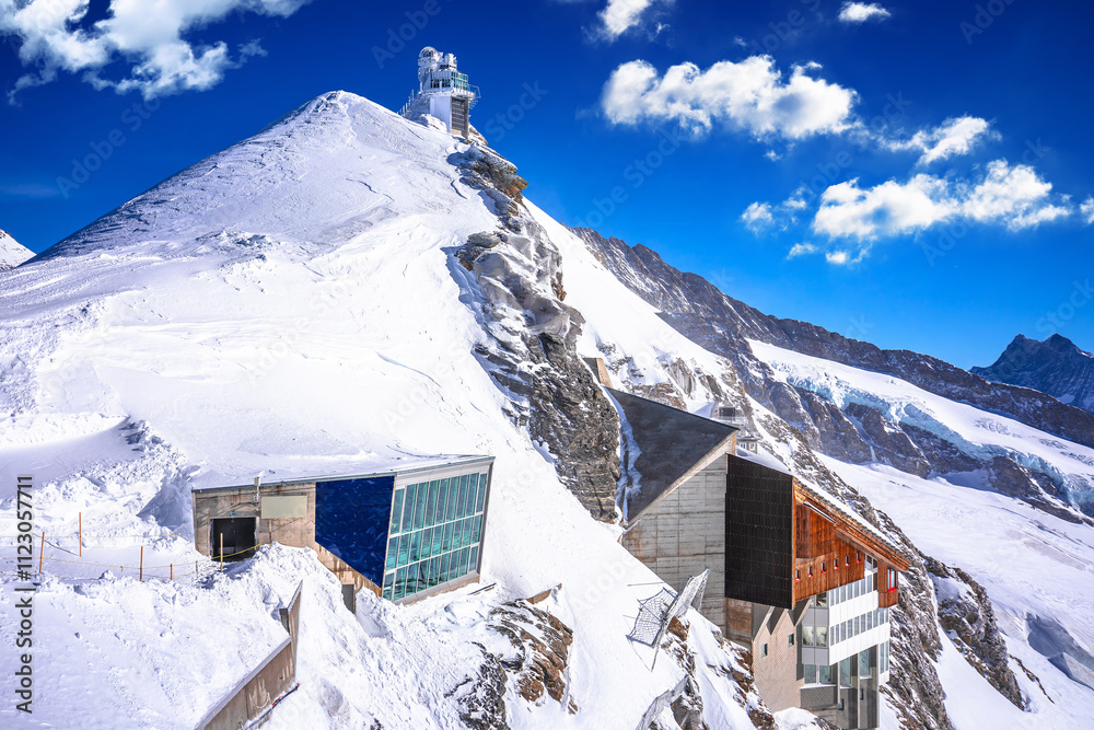 Top of Europe. Jungfraujoch plateau high in Swiss Alps winter view ...
