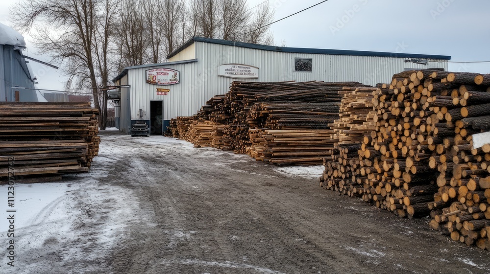 Piles of treated wood stacked in an orderly fashion, with a sign ...