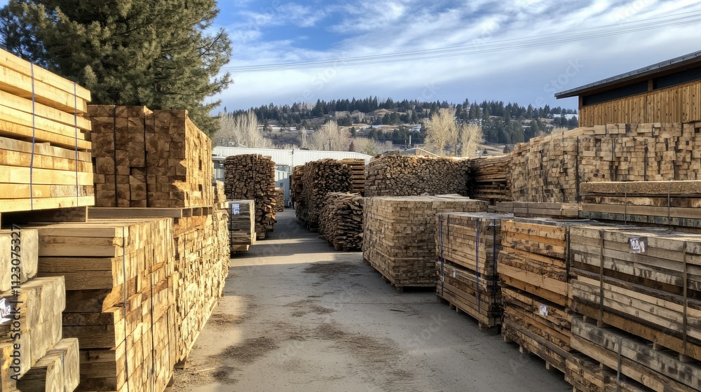 Rows of stacked sawn wood labeled with dimensions and wood types in a ...