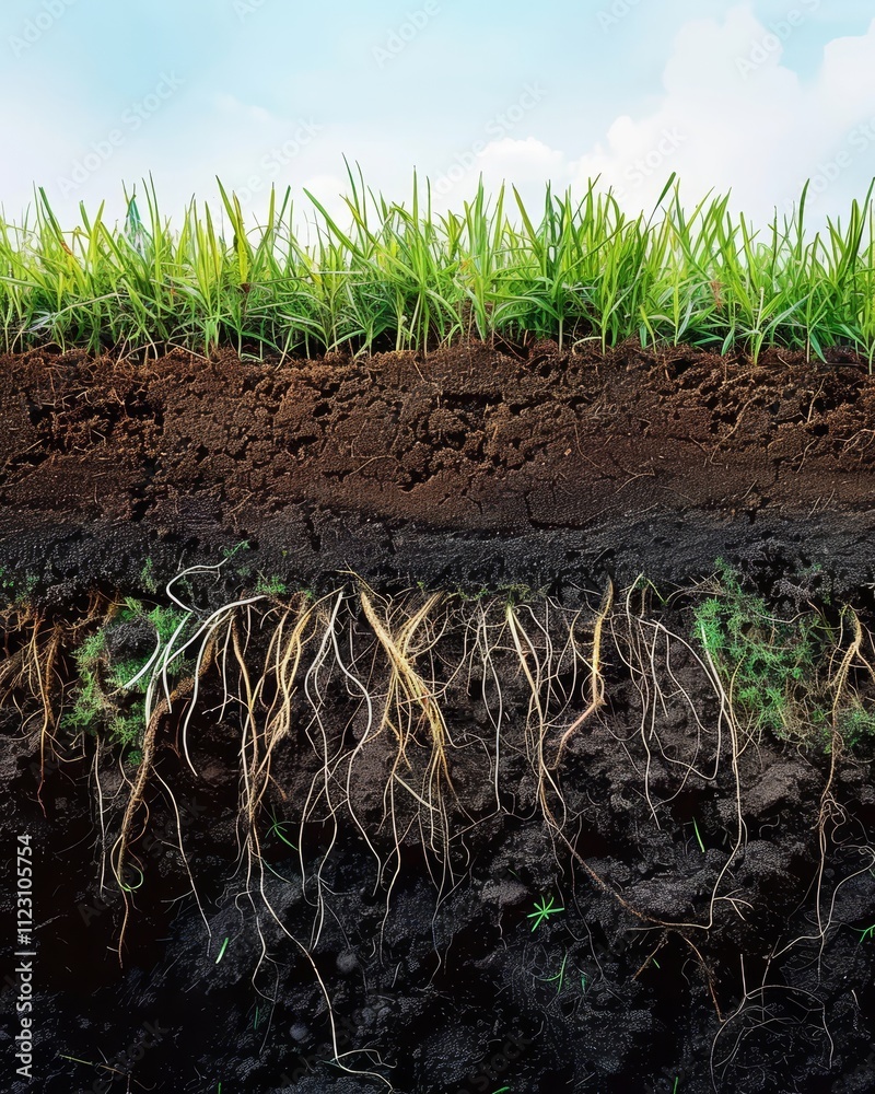 Soil cross section displaying lush green grass and its complex root ...