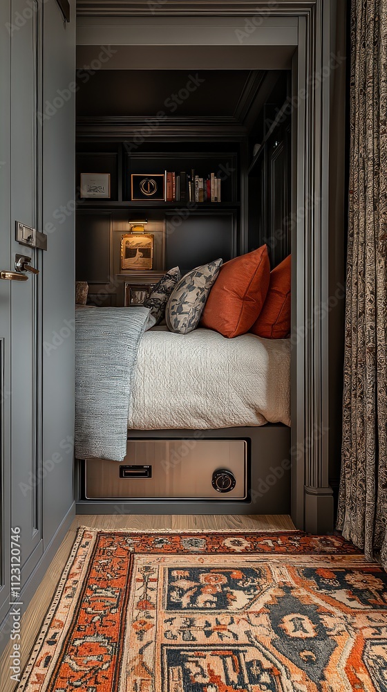 Floor-mounted safe hidden under patterned rug in a master bedroom, its ...