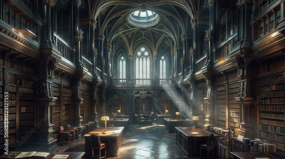 Grand gothic library interior with soaring vaulted ceilings, ornate wooden bookshelves, and ...