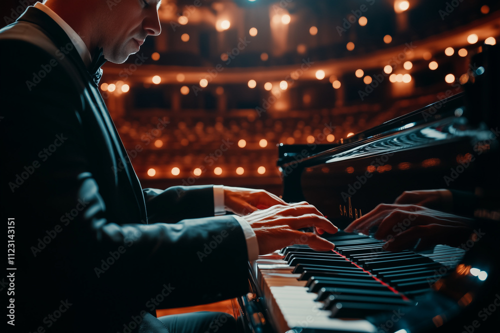 Talented musician playing a grand piano under bright stage lights in a ...