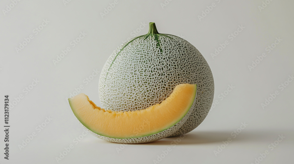 Isolated Green Crown Musk Melon on a pure white background, featuring a ...
