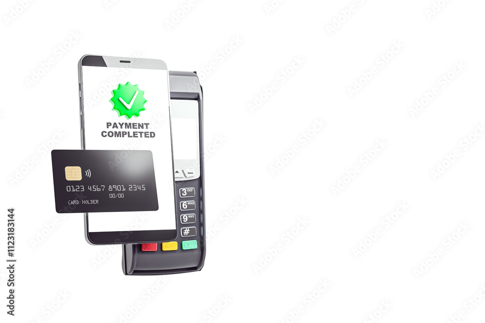 Smartphone, credit card, and POS terminal showing wireless payment ...