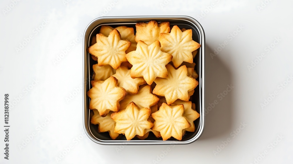 Simple homemade Danish butter cookies star shaped in a metal box plain ...