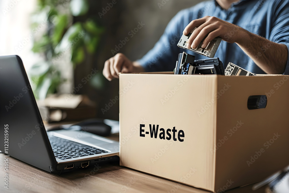 Person sorting electronic waste into a labeled cardboard box next to a ...