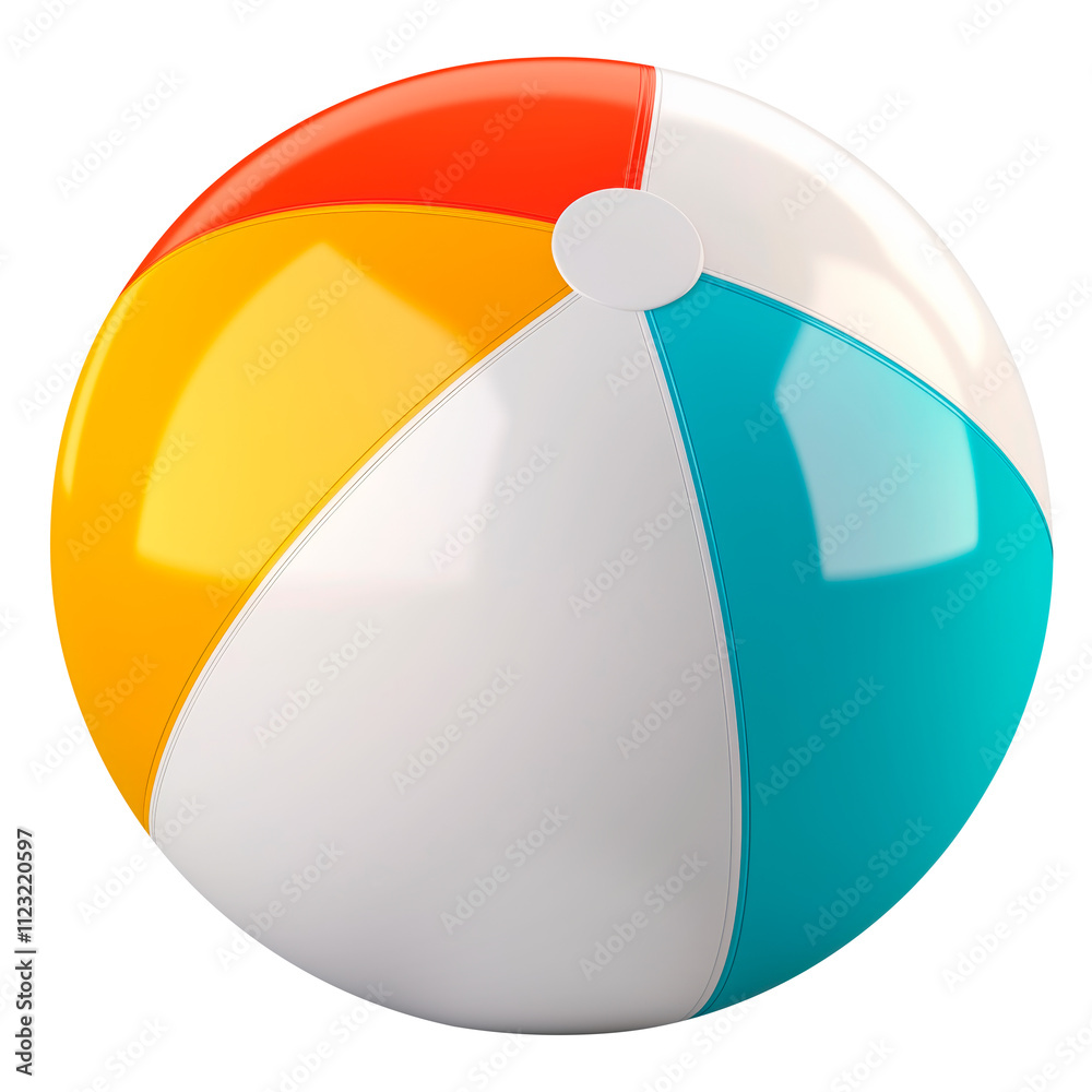 Colorful inflatable beach ball with white, orange, yellow, and blue ...