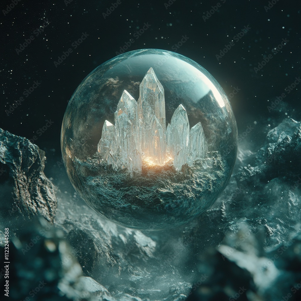 Fantasy Crystal Dome with Tiny Planet Cosmic Landscape 3D Rendering ...