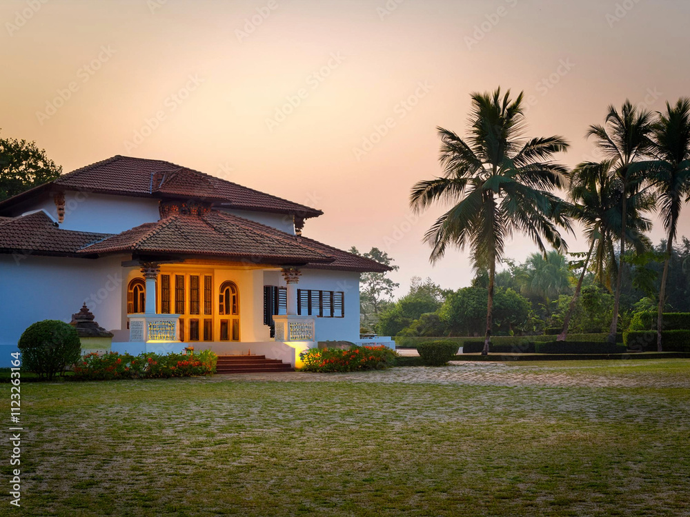 Elegant Kerala-style villa surrounded by lush greenery and serene ...