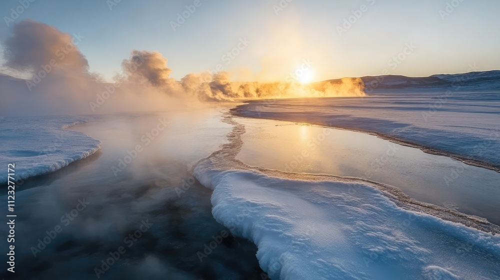 Frozen ice sheets partially melting along the edge of a steaming hot ...