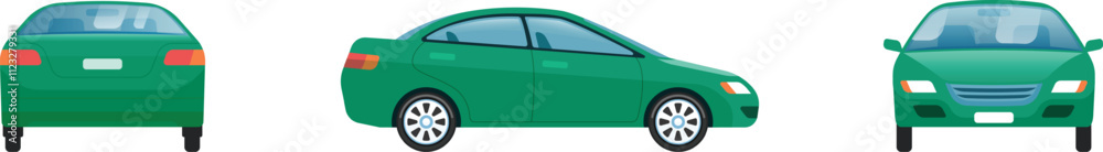 Green four door sedan car presenting front, side and rear view ...