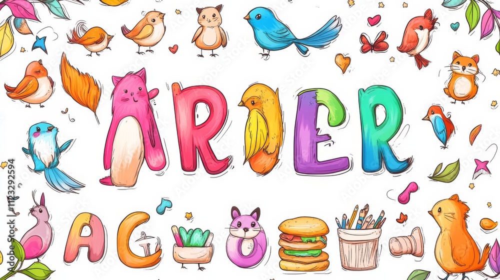 Coloring page with English alphabet letters. Cute animals, birds, food ...