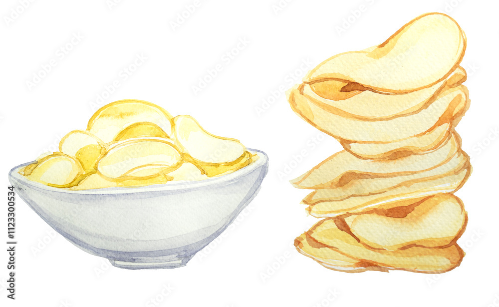 Watercolor potato chips clipart isolated on a white background. Hand ...