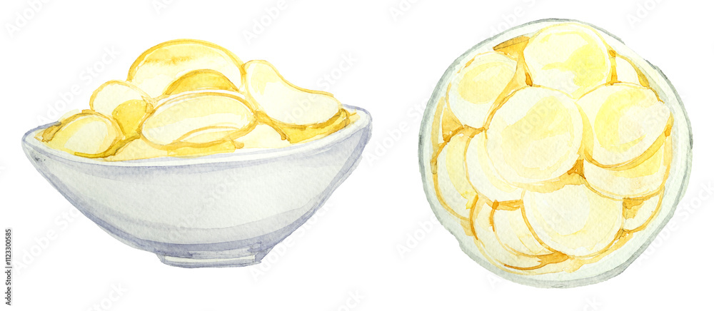 Watercolor potato chips clipart isolated on a white background. Hand ...