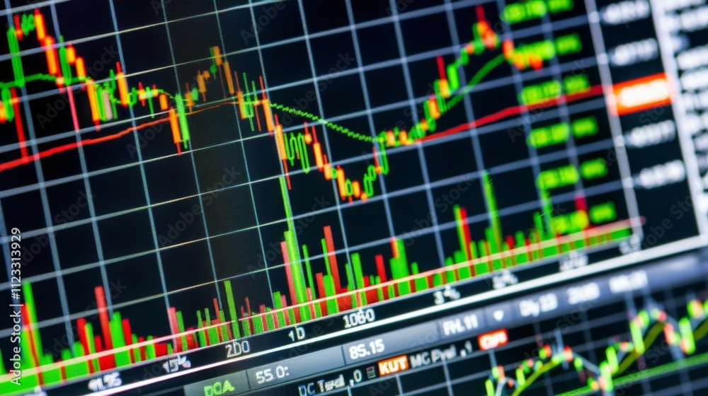 Close-up of digital stock market screen showing upward trend graph ...