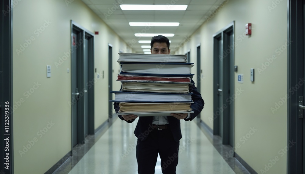 Person struggling to carry large stack of binders and files through ...