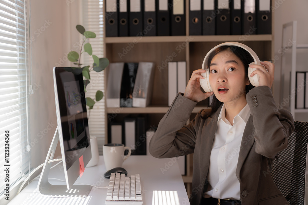 Young professional woman experiencing a sudden sound or message while ...