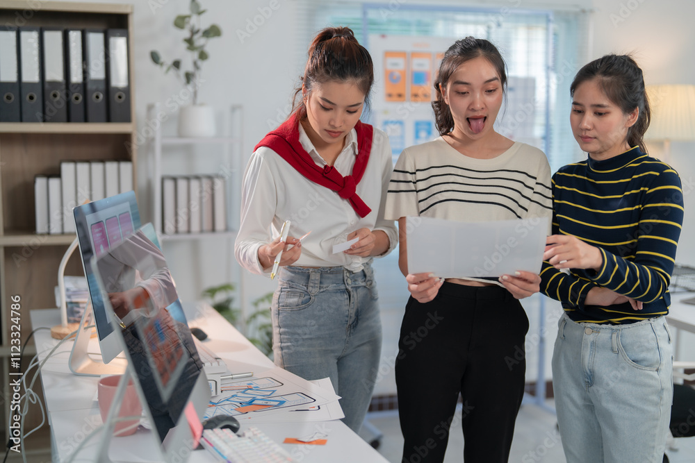 Three young asian women collaborating in an office, engaging in ...