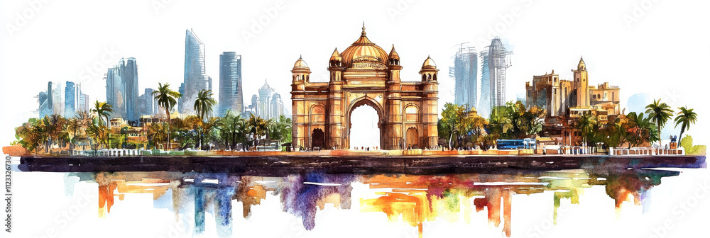Mumbai Gateway Watercolor Skyline - Vibrant watercolor painting of ...