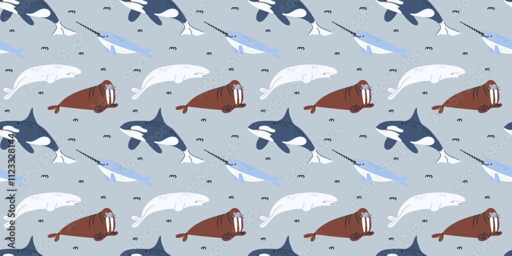 Arctic sea animals seamless pattern. Polar fish and mammal. Northern ...