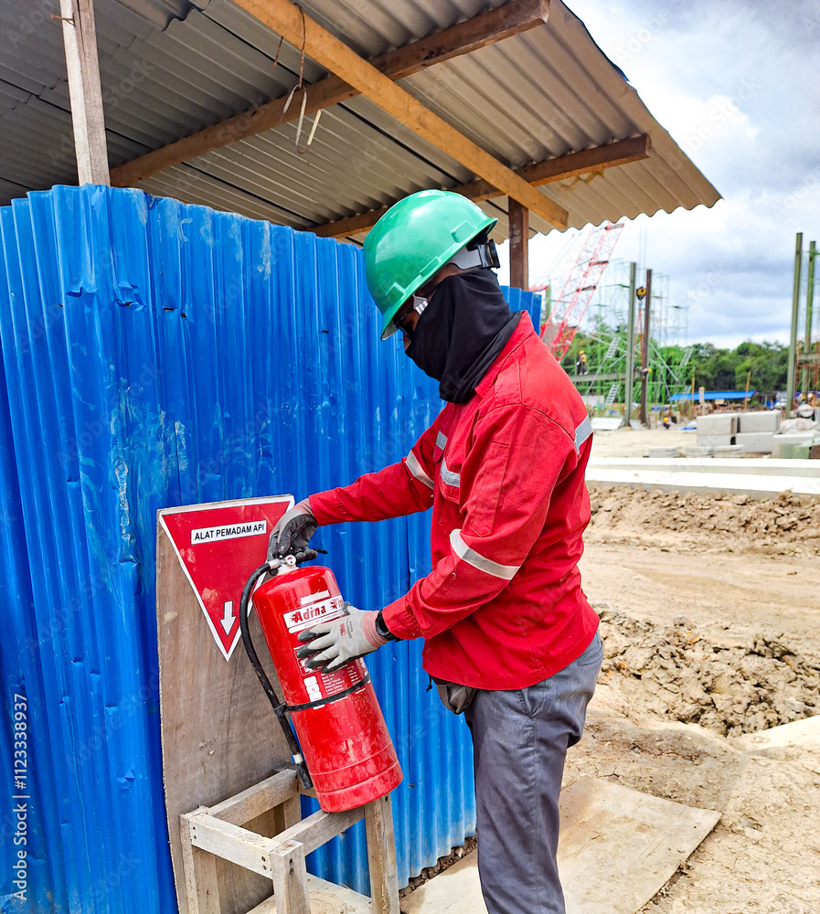 A person conduct safety inspection for fire extinguisher. Industrial ...