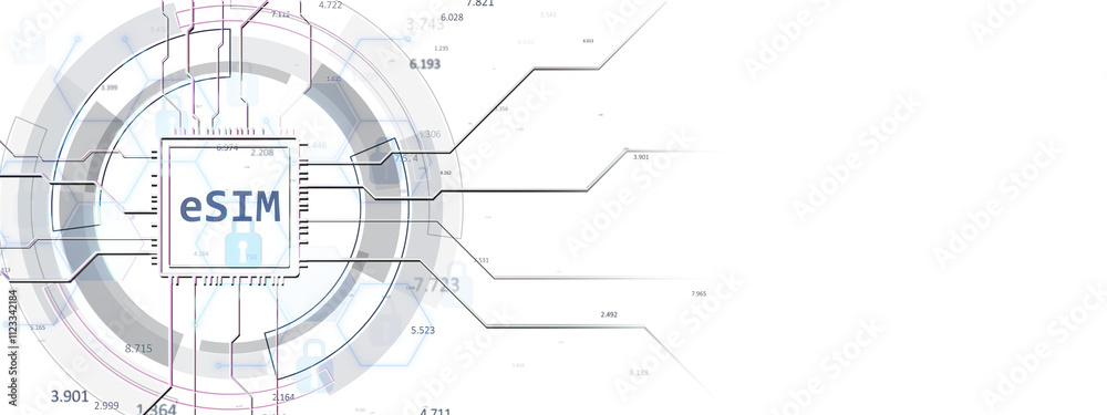 ESIM chip with futuristic circuit design, clean white background ...
