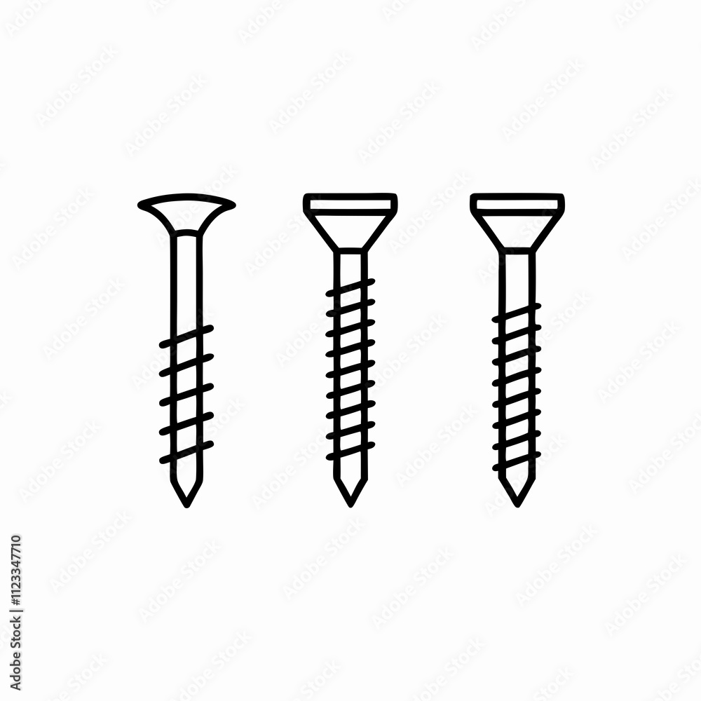 Three wood screws shown in technical line art style. Detailed ...