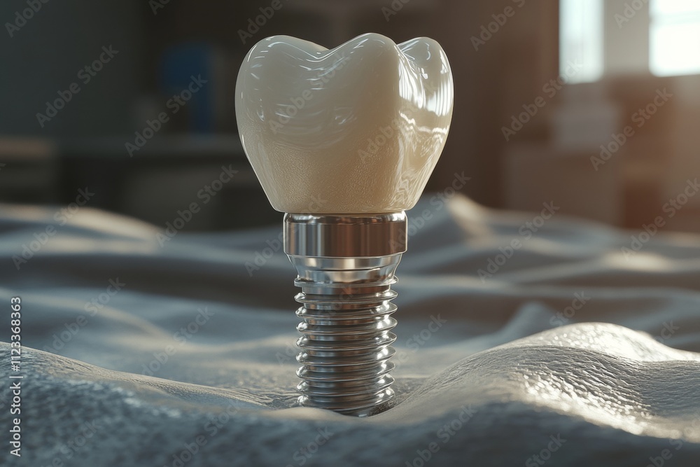 Realistic dental implant model featuring tooth and screw design in a ...
