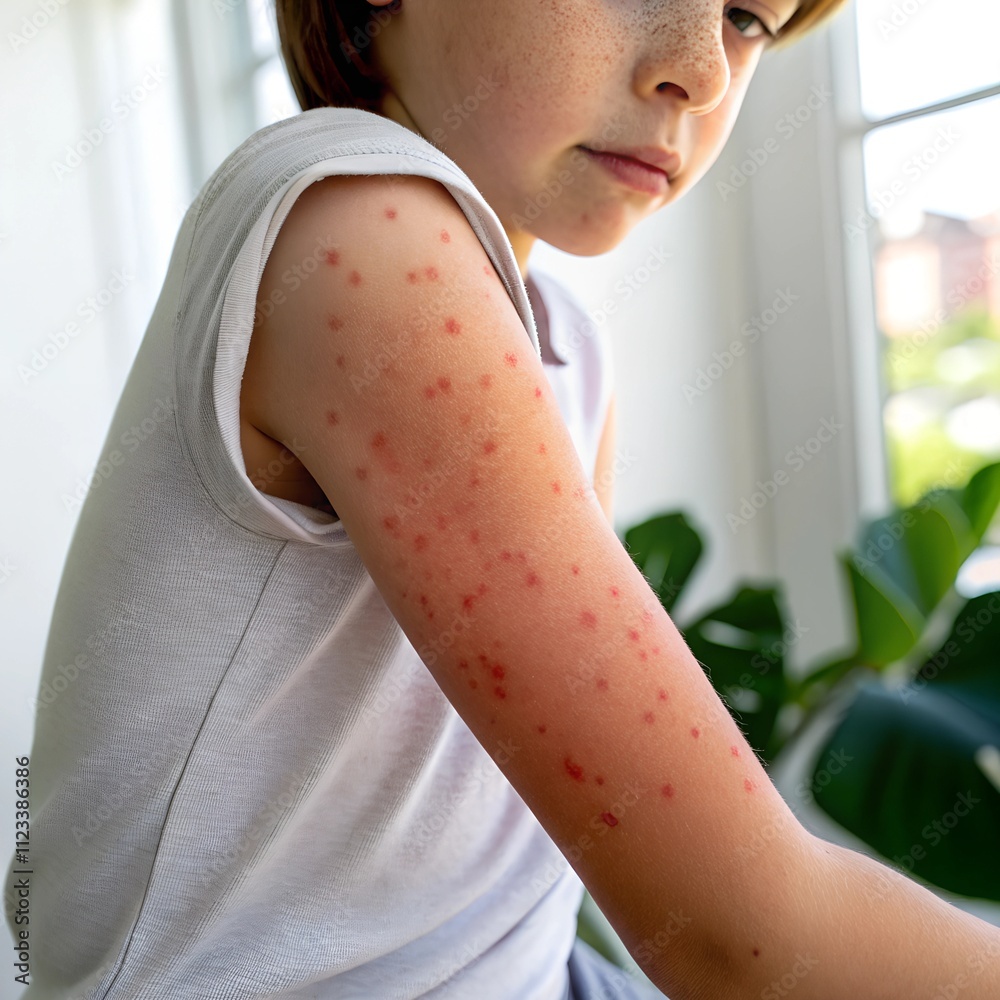 Photo Stock Child with skin allergy showing red spots on arm in a ...