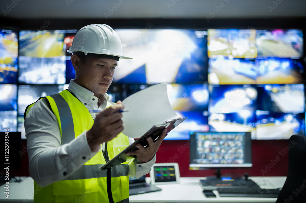 CCTV officer is monitoring traffic via multiple monitors in the control ...