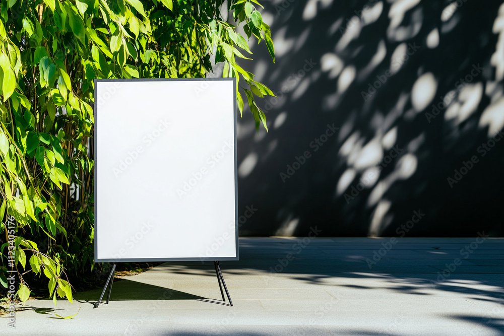 Blank vertical sign mockup with green border in outdoor setting with ...
