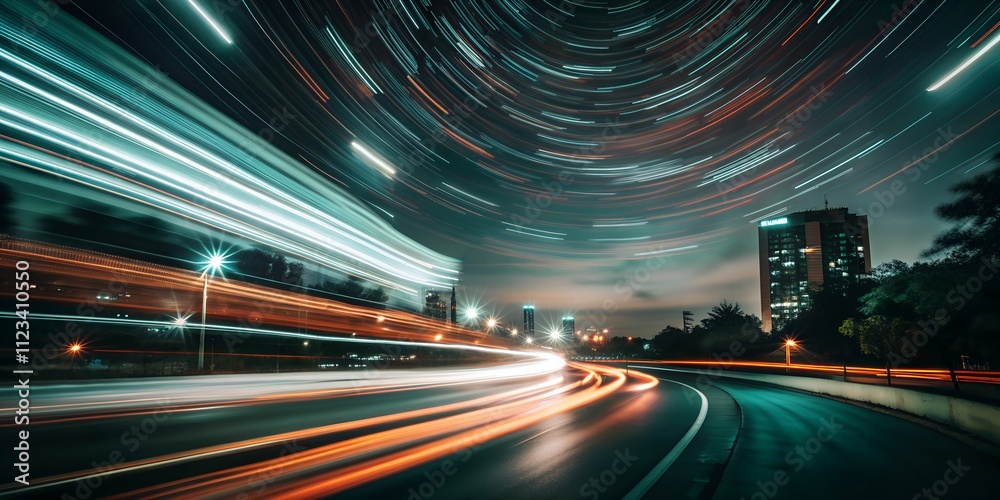 Long exposure night photography captures light trails on urban road ...
