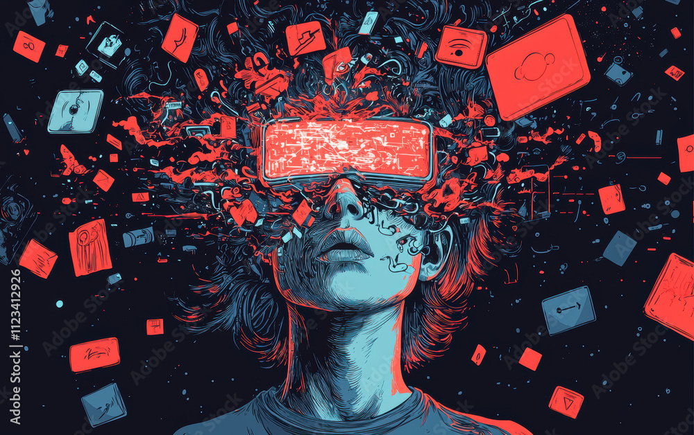 person wearing VR goggles with fragmented digital icons and memes ...