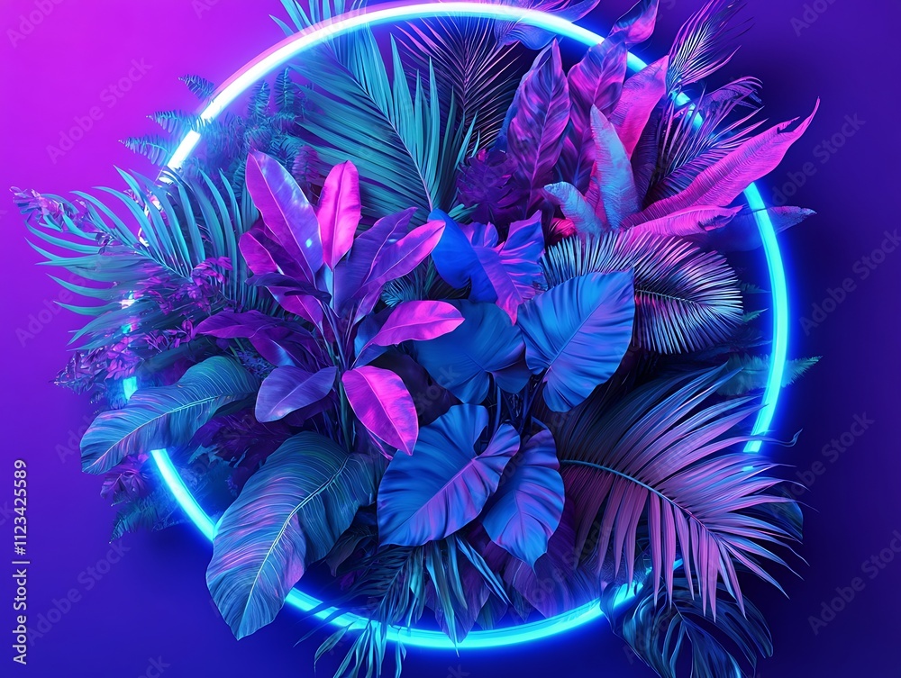 Electric blue and vibrant purple tropical foliage encased in a bright ...