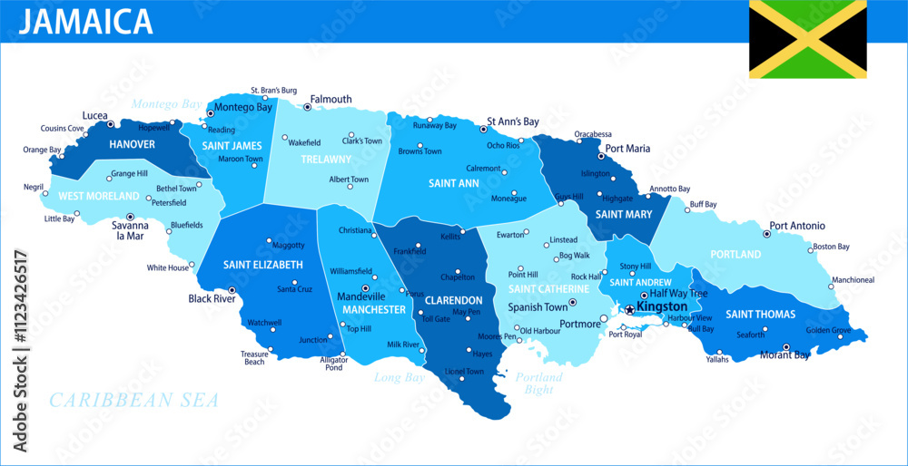 Jamaica Map Vector Blue Spot - Customizable layered political map of ...