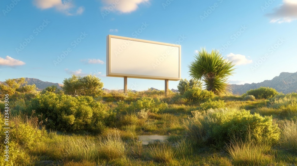 Billboard mockup in a tranquil desert oasis with palm fronds and a ...