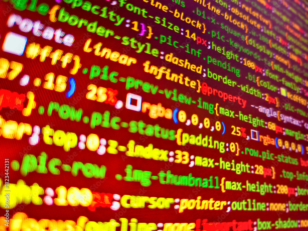 Program code om dark black background. Modern digital data bits of ...