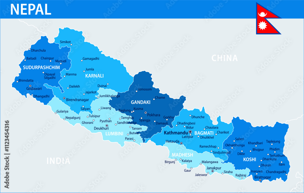 Nepal Map Vector Blue Spot - Customizable layered political map of ...