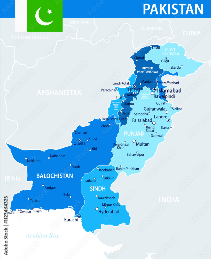 Pakistan Map Vector Blue Spot - Customizable layered political map of ...