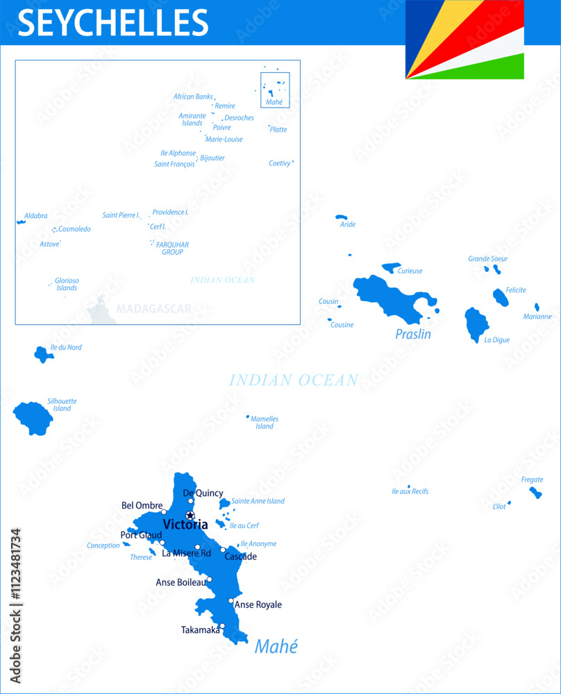 Seychelles Map Vector Blue Spot - Customizable layered political map of ...