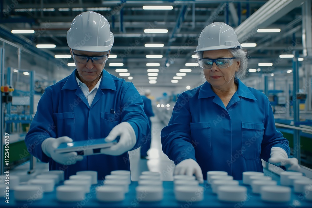 Factory workers monitor robotic arms in a modern assembly line as they ...