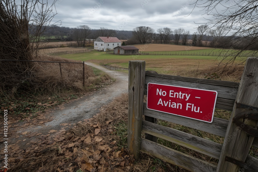 Warning sign marks quarantine zone in rural landscape illustrating the ...
