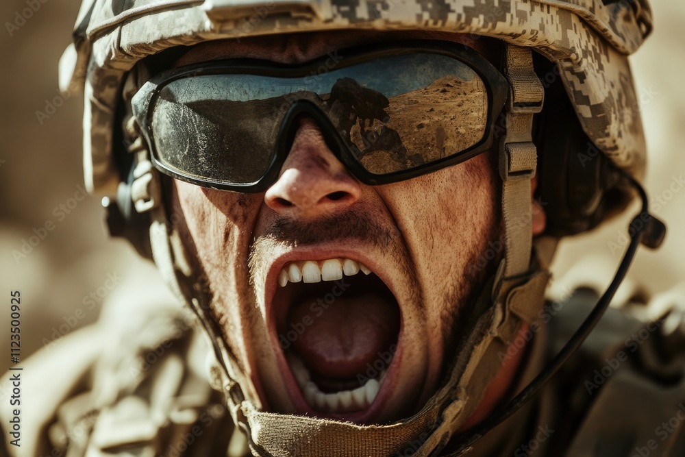Intense Battlefield Action: Special Forces Soldier in Helmet ...