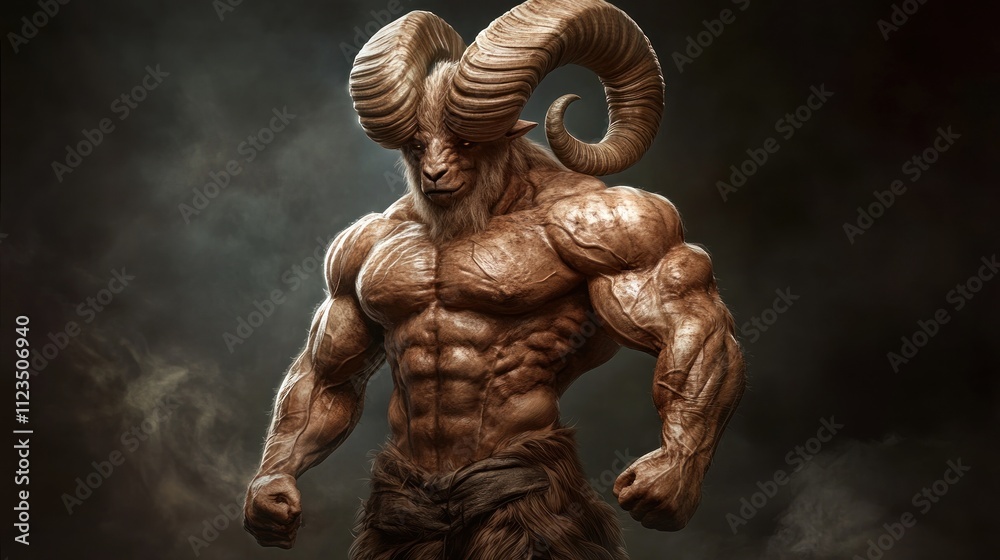 Muscular humanoid figure with ram horns in a dramatic pose Stock ...