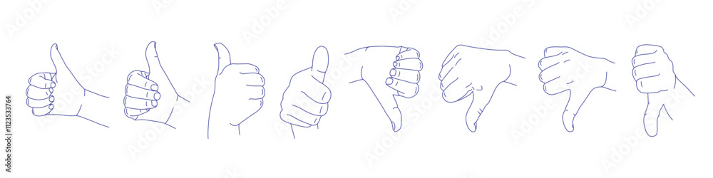 Like and dislike sketch. Set of hand gestures in various positions. Contour vector illustration ...