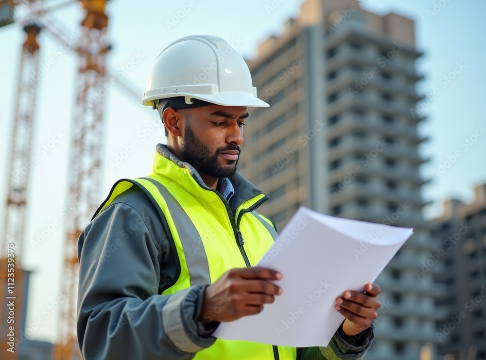 Construction supervisor reviewing blueprints on site during daylight ...