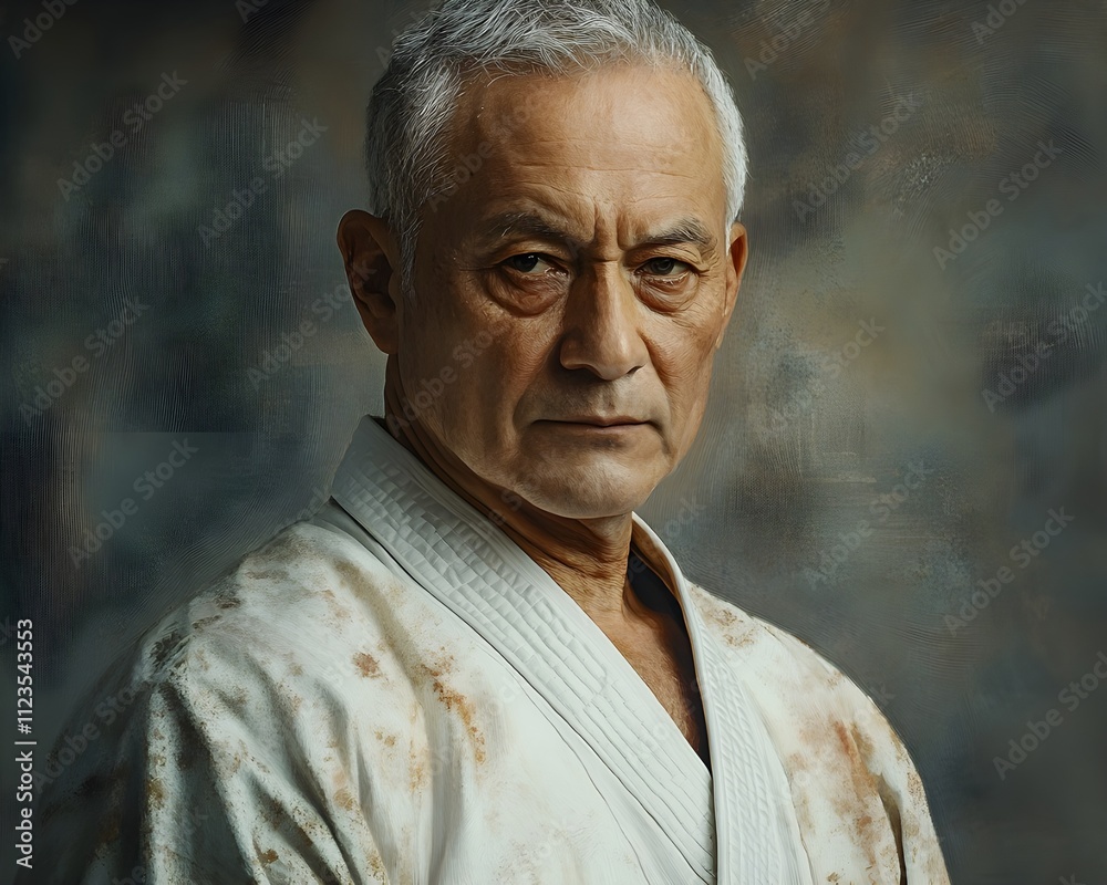 portrait of an man A tall, elderly judoka with a solemn demeanor and a ...