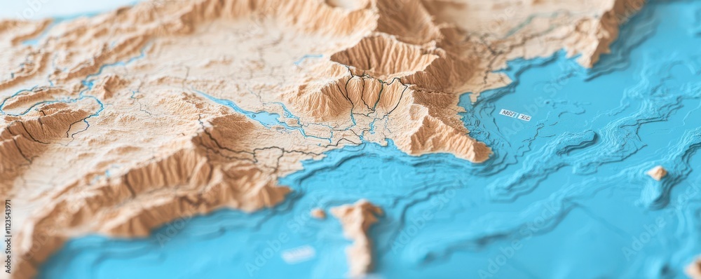 Geological study. A detailed map and model of fault lines, with ...