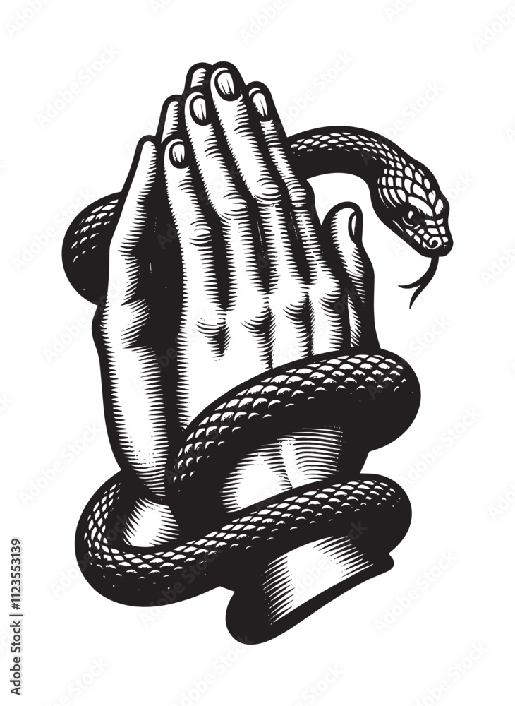 Praying hands wrapped with a snake, vintage black and white engraving ...